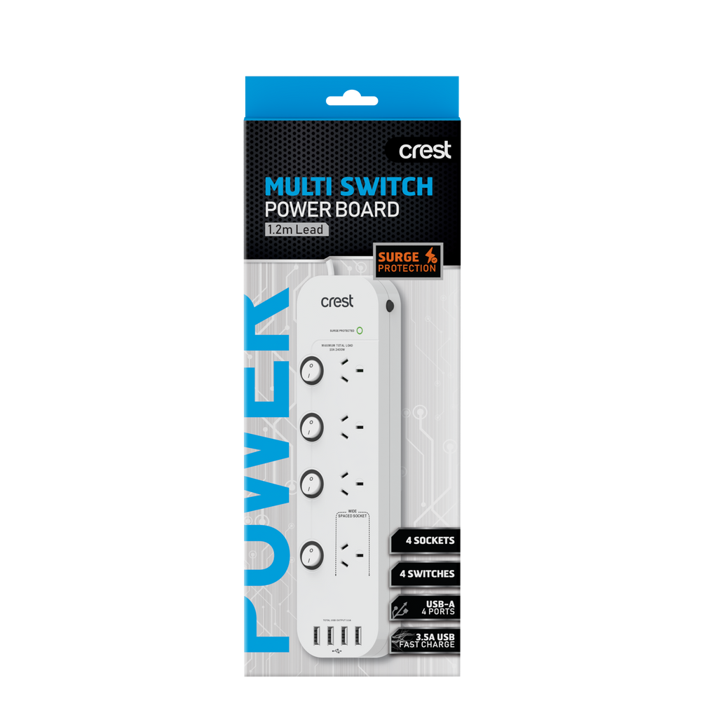 Power Board 4 Sockets with USB Charging