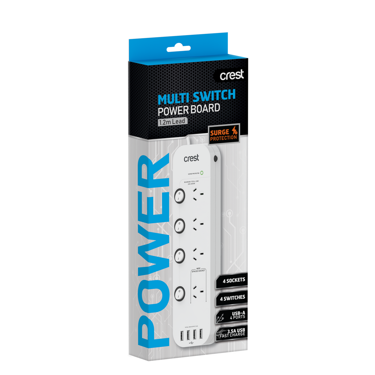Power Board 4 Sockets with USB Charging