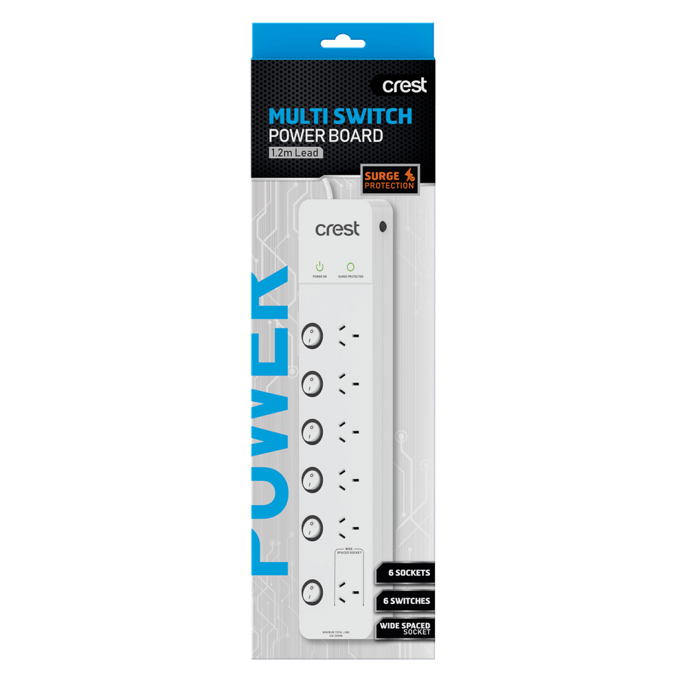 Power Board 6 Sockets with 6 Switches & Surge Protection