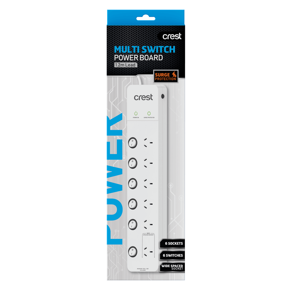 Power Board 6 Sockets with 6 Switches & Surge Protection