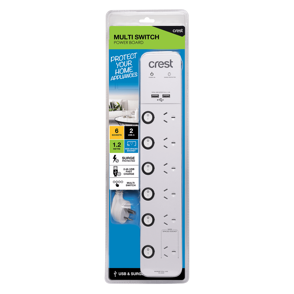 Power Board 6 Socket 6 Switch 2 USB Surge Protected