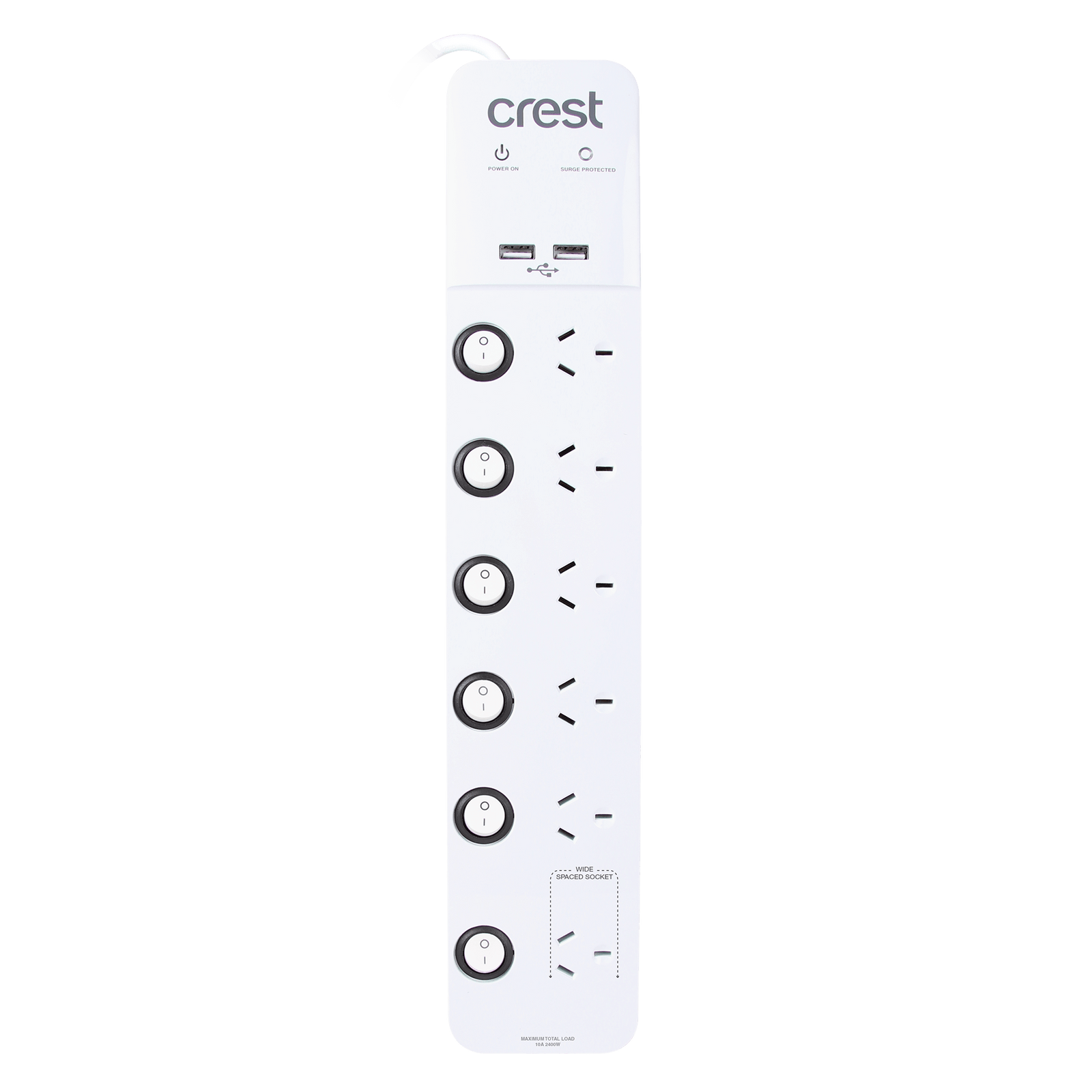 Power Board 6 Socket 6 Switch 2 USB Surge Protected