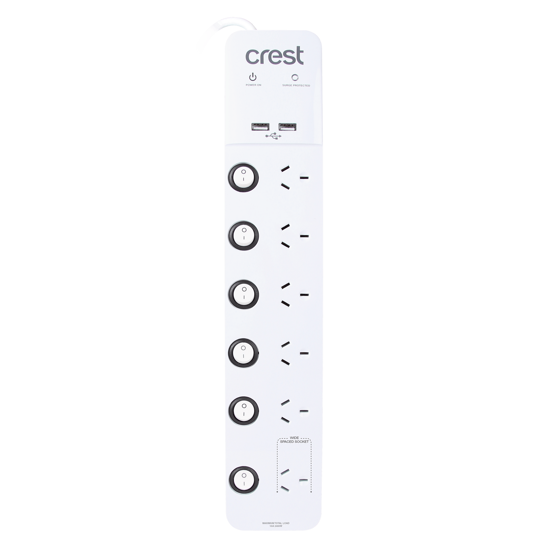 Power Board 6 Socket 6 Switch 2 USB Surge Protected