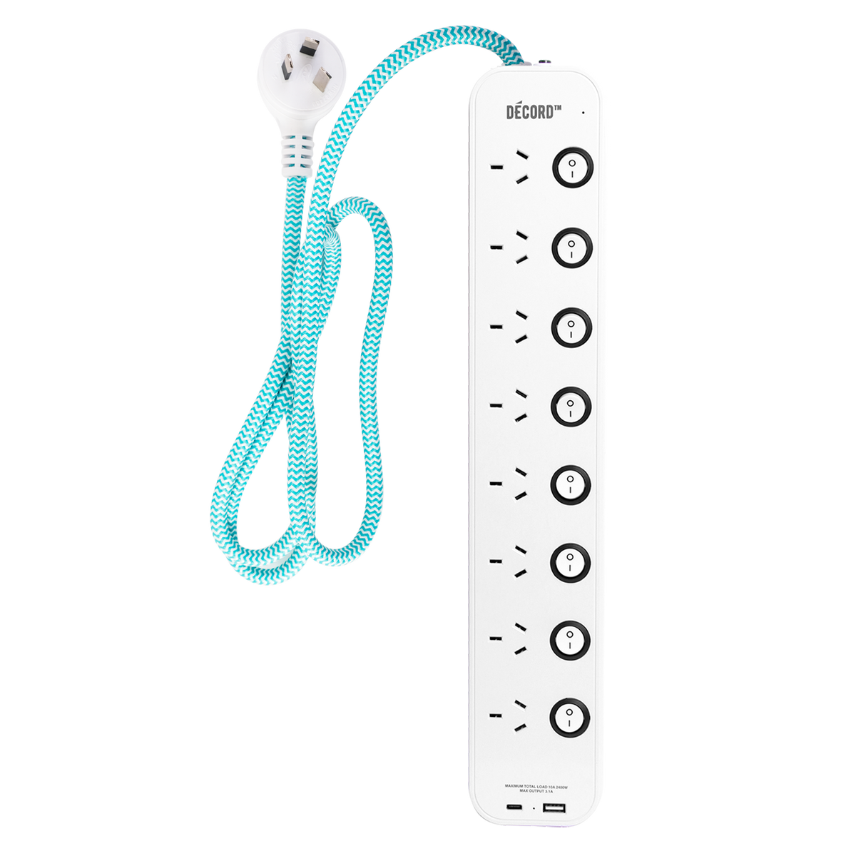Décord Power Board 8 Sockets with Individual Switches & USB Charging