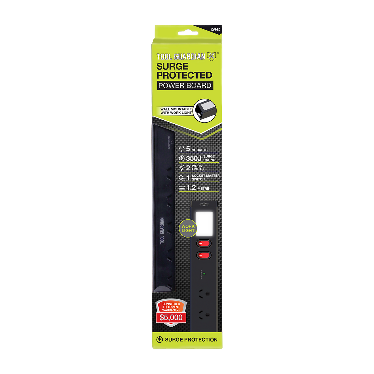 Tool Guardian 5 Socket Power Board Wall Mount with Light