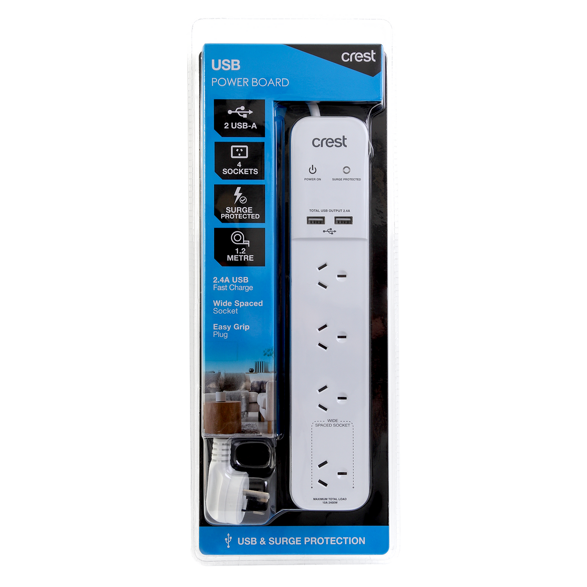 Power Board 4 Sockets with 2 USB Ports & Surge Protection