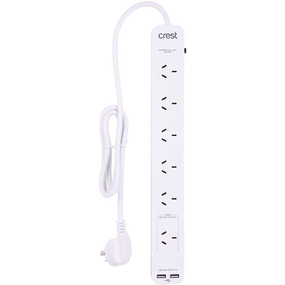 Power Board 6 Sockets with 2 USB Ports