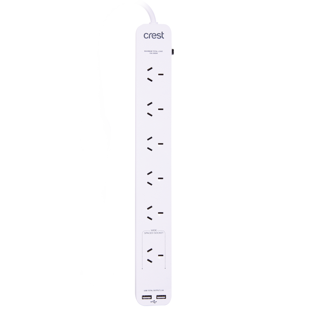 Power Board 6 Sockets with 2 USB Ports
